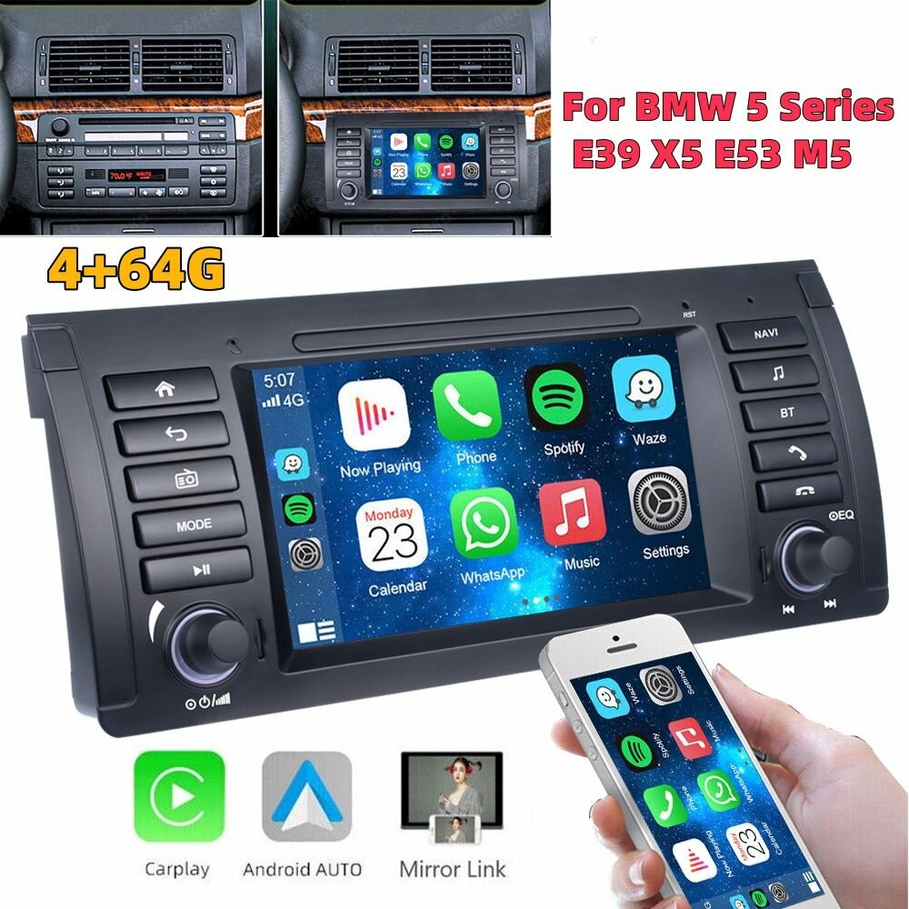 X-REAKO Автомагнитола Android подходит для BMW 5 Series E39 X5 E53 M5, GPS, carplay/Android Auto, WiFi, Bluetooth