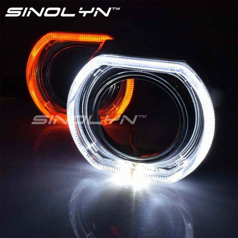 Маски (бленды) для ксенонвой и Bi-LED линзы в авто с лед подсветкой ангельские глазки и поворотником (белый/желтый) 3 дюйма, хром 2шт.