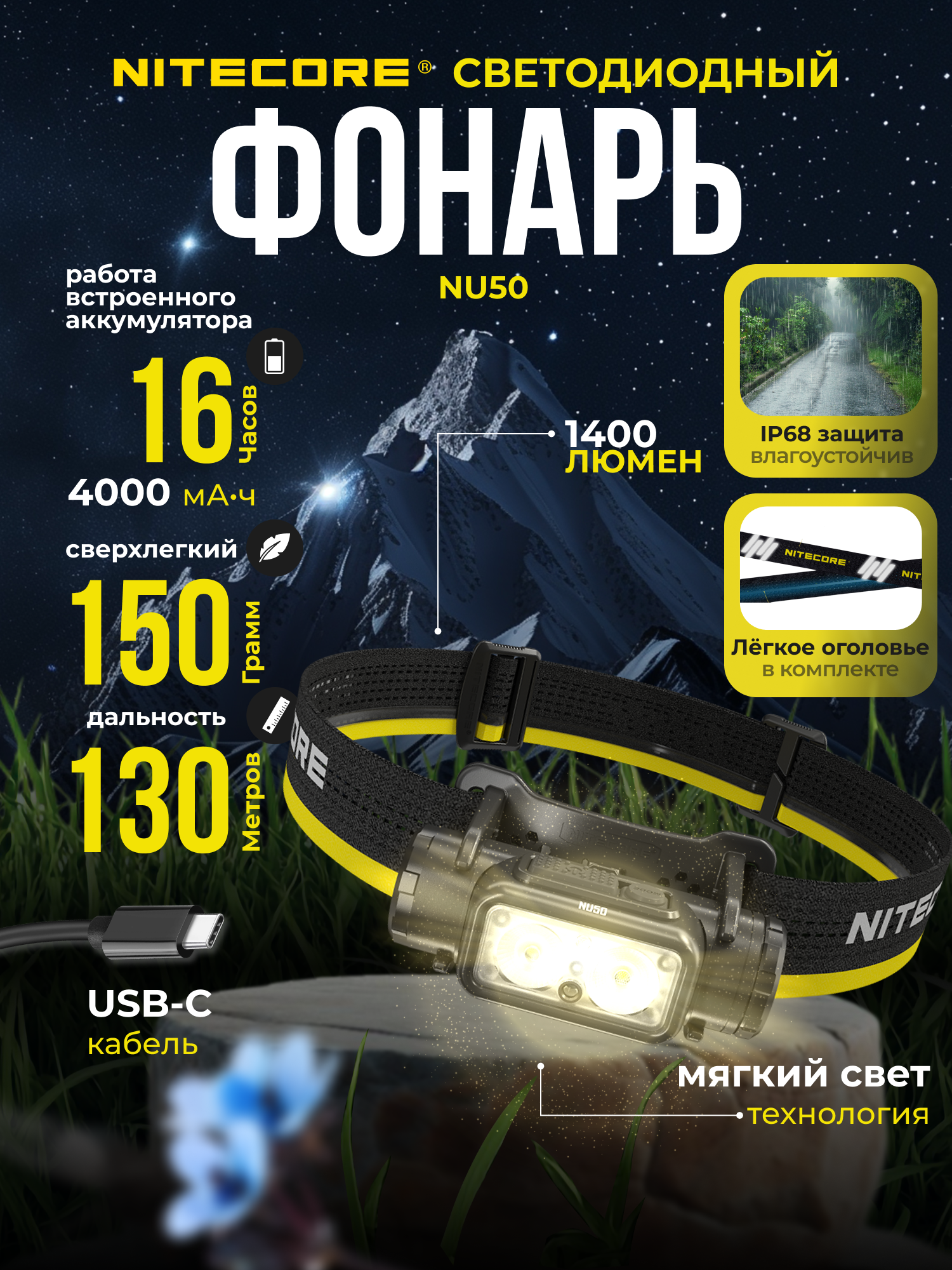 Налобный фонарь NITECORE NU50 1400 Lm, 130 метров, 180 часов