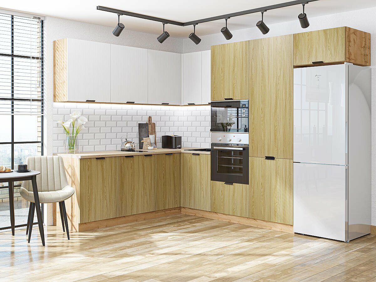 Кухня Евро Лайн-03, цвет фасада Белый/Дуб песочный, цвет каркаса Дуб Вотан, 2140*2150/2800*600 мм