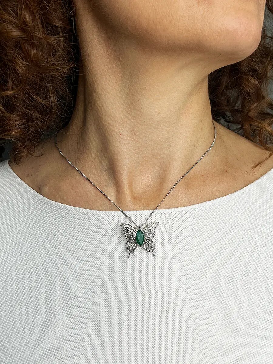 Подвеска, белое золото, 585 проба, родирование, бриллиант, изумруд