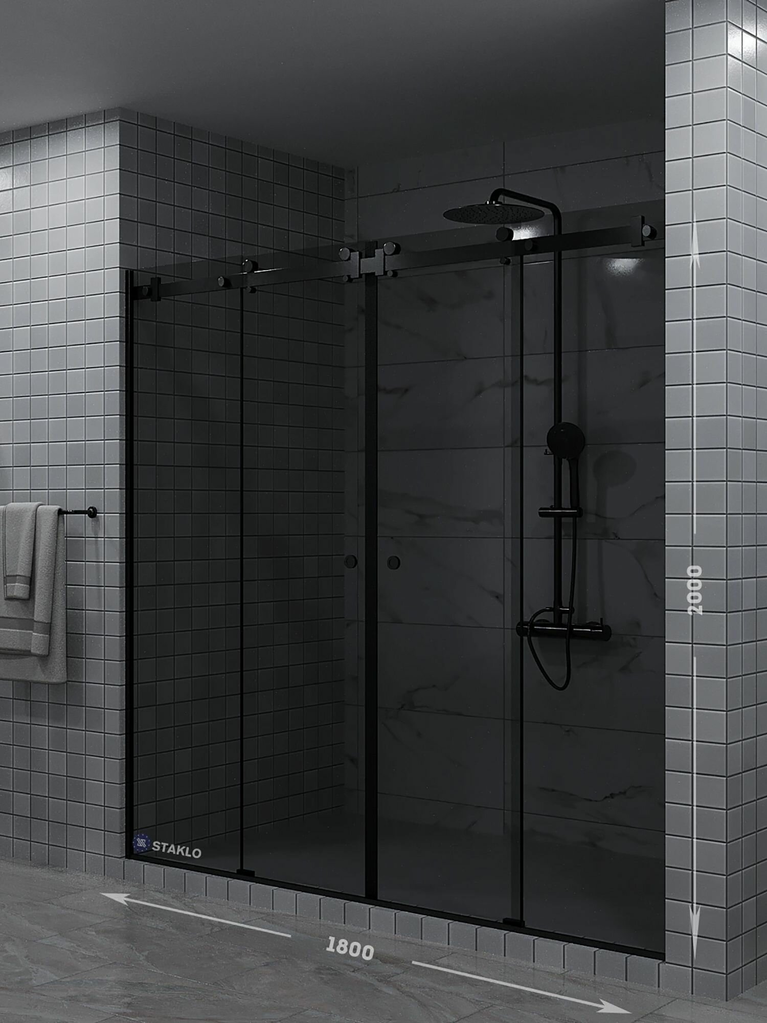 Раздвижная душевая в нишу четыре стекла staklo 180x200 из серого графит стекла черная фурнитура