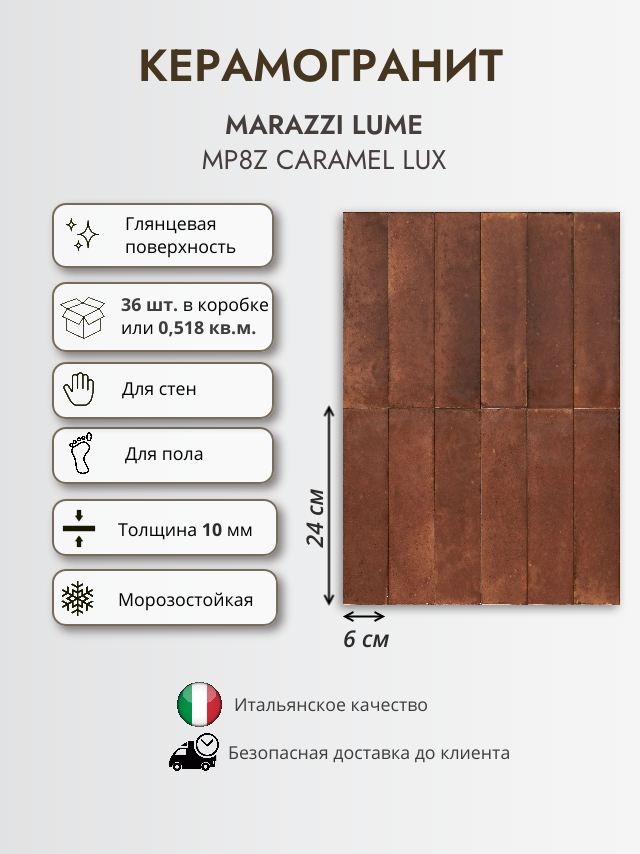 Керамогранит MARAZZI LUME MP8Z Caramel LUX, 6x24 см, кирпичный глянцевый