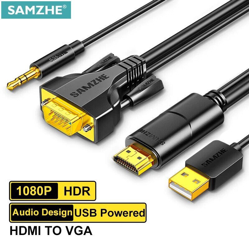 Кабель SAMZHE с HDMI на VGA, 2 м, 3 м, кабель с HDMI «папа» на VGA «папа», аудиовидео конвертер 1080P для ПК, ТВ-приставки, проектора, кабель VGA на HDMI