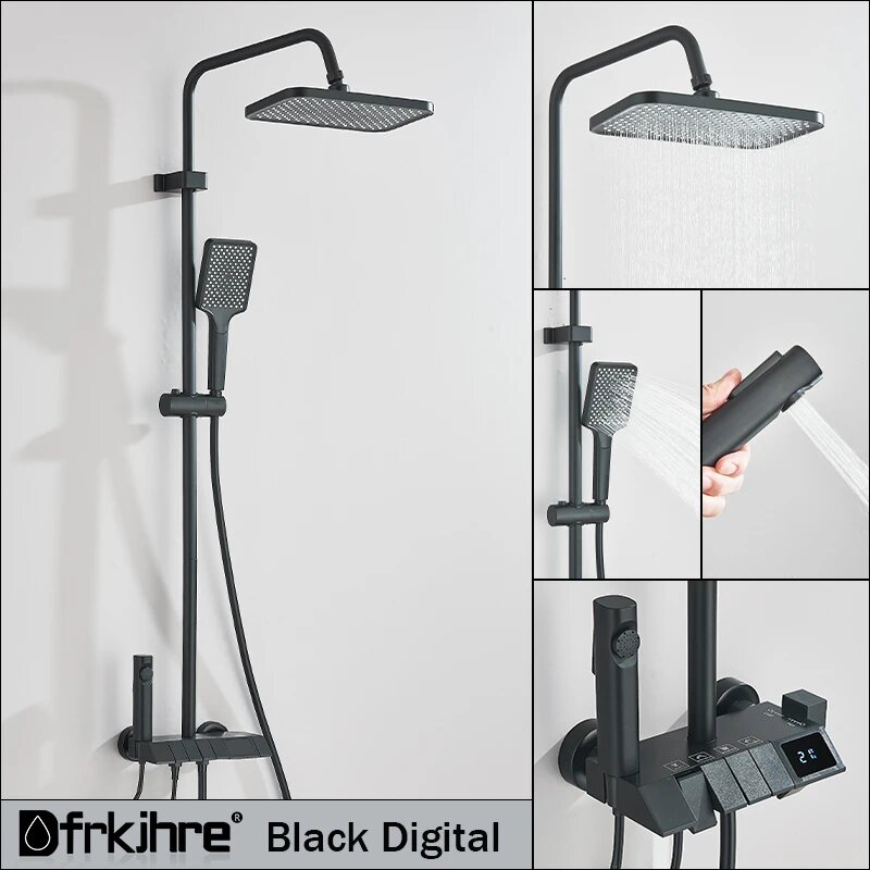 Система душа Grey Bathroom Brass Showers Faucet Sets Цифровая 4-хходовая светодиодная дождь ванна Горячо-холодная Пианино-клавиша Дождевой душ-черный цифровой