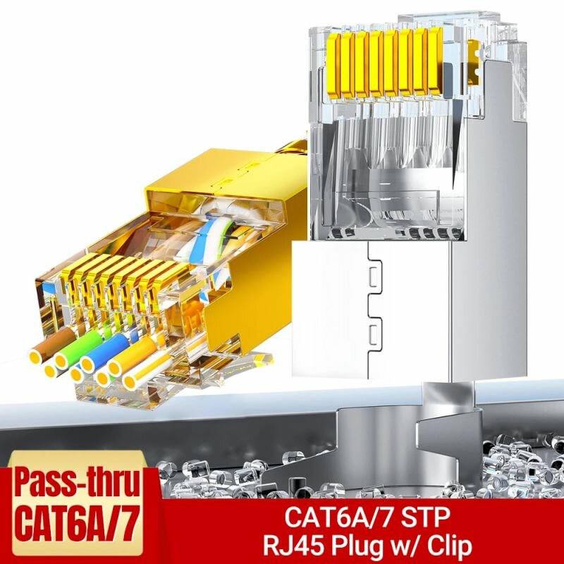 Проходные сетевые разъемы CAT7 RJ45, модульные, STP 3/50μ, позолоченные, 8P8C, обжимной конец для кабеля Ethernet