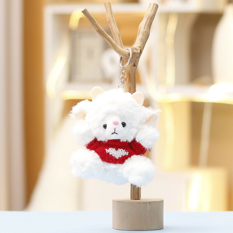 Wear sweater sheep plush toy with short fur for kids bag decor and collectible gift, red