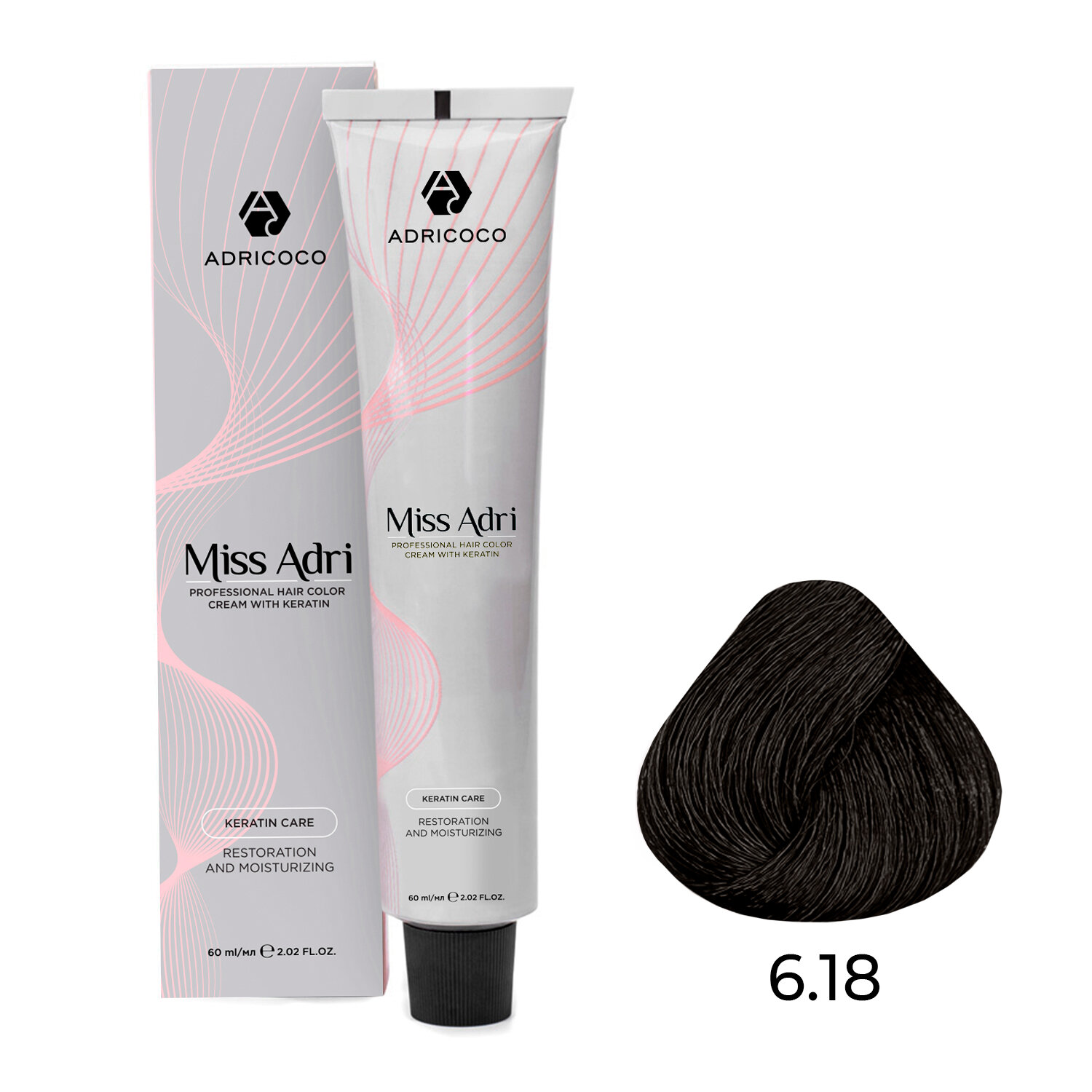 Крем-краска для волос Miss Adri с кератином, оттенок 6.18 Темный блонд пепельный шоколадный, ADRICOCO, 60 мл