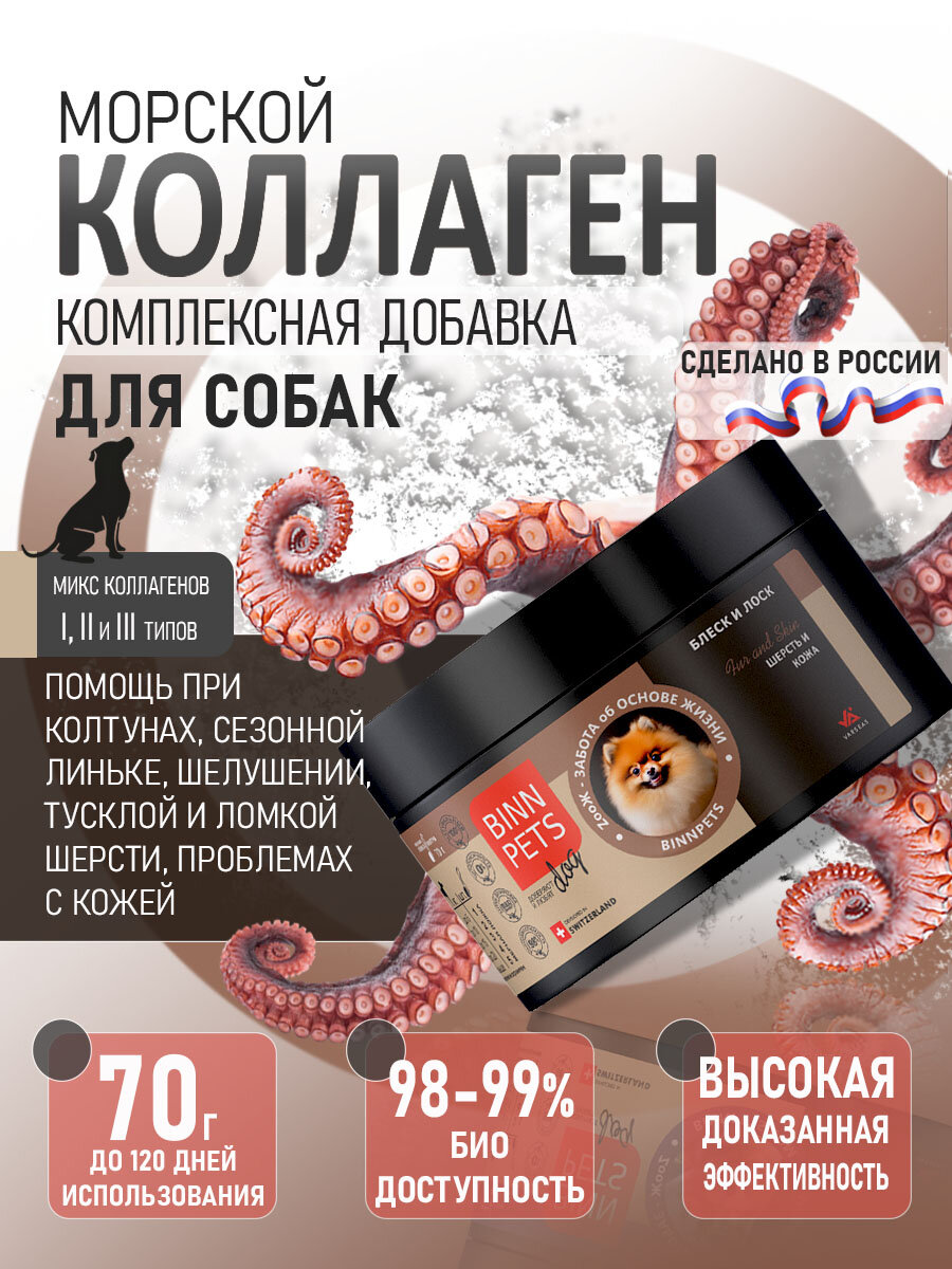 Кормовая добавка BINN PETS "Fur and Skin", витамины и коллаген для кожи и шерсти собак, банка 70гр
