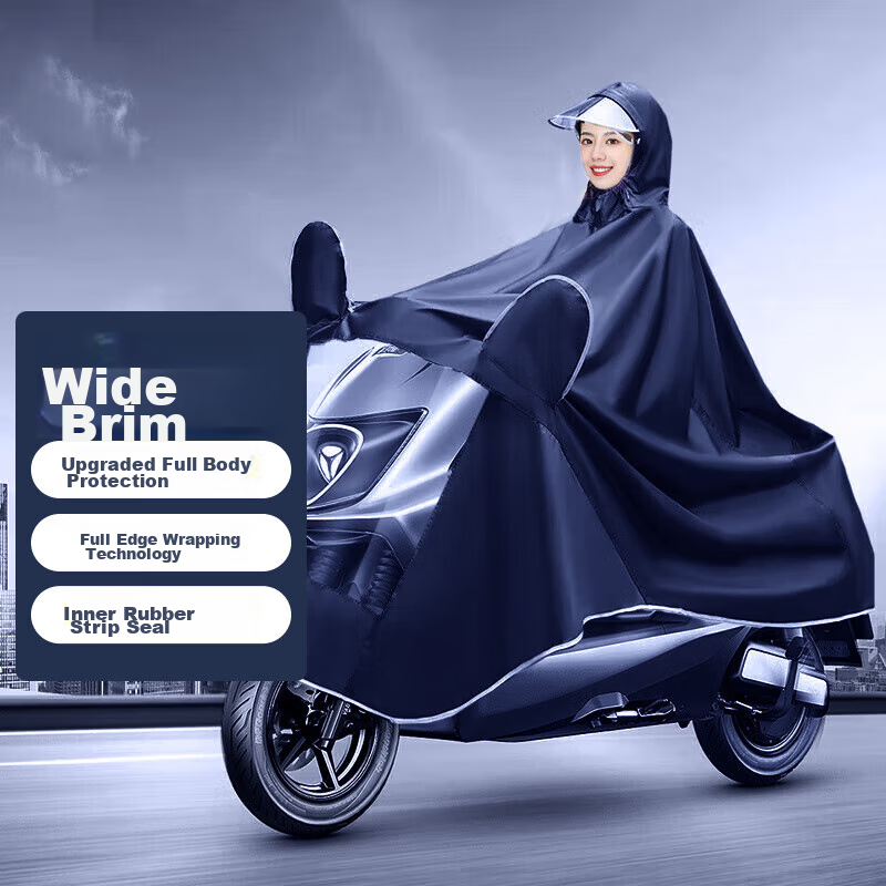 Bowonic Electric Bicycle Raincoat, Large Brim, Outdoor Cycling, Adult, Electric, Single-Person, Navy Blue, 3XL