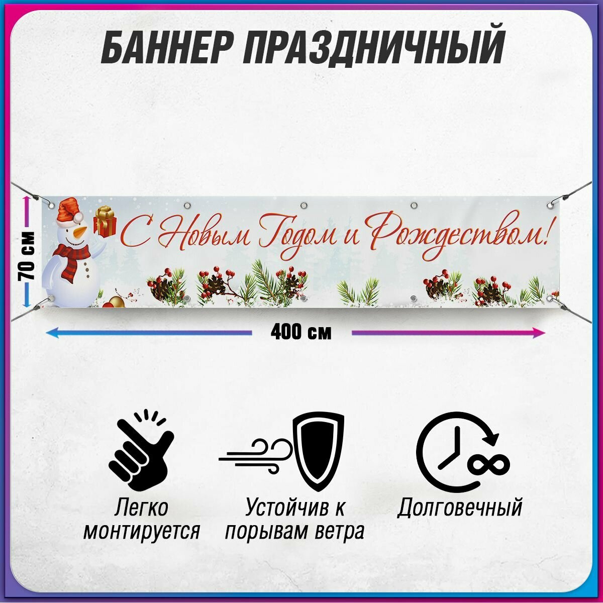 Баннер для фотозоны на Новый год / Растяжка новогодняя для улицы и помещения / 4x0.7 м.