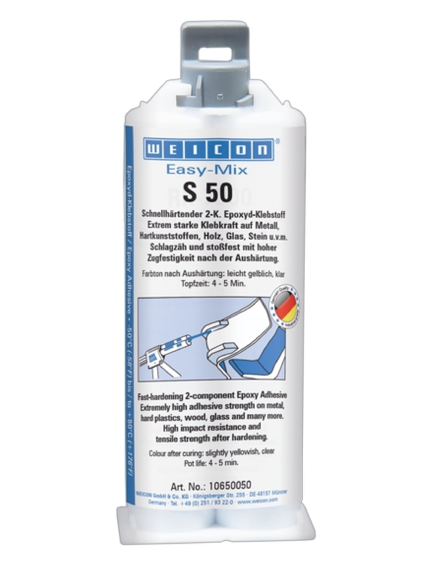 Эпоксидный клей WEICON EasyMix S 50, затвердевающий 45 минут, желтый, 50 мл