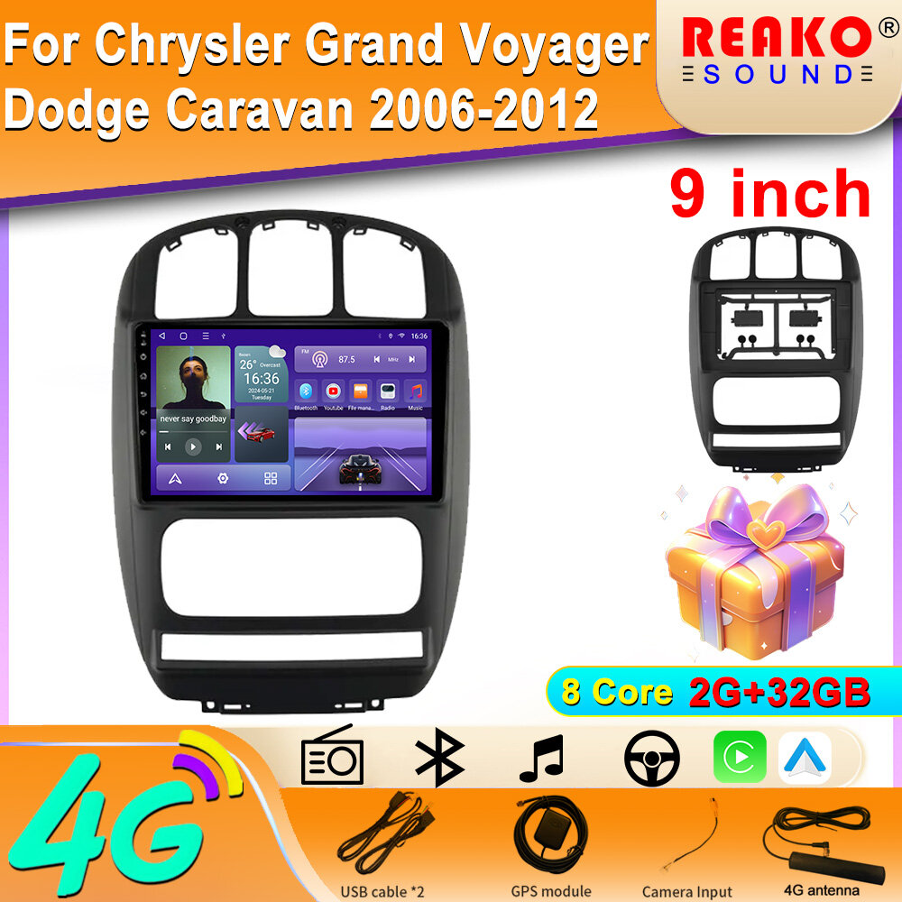 Магнитола для Chrysler Grand Voyager Dodge Caravan 2006-2012 , 8 ядерный процессор 2/32Гб ANDROID 10, QLED экран 9 дюймов, Wifi