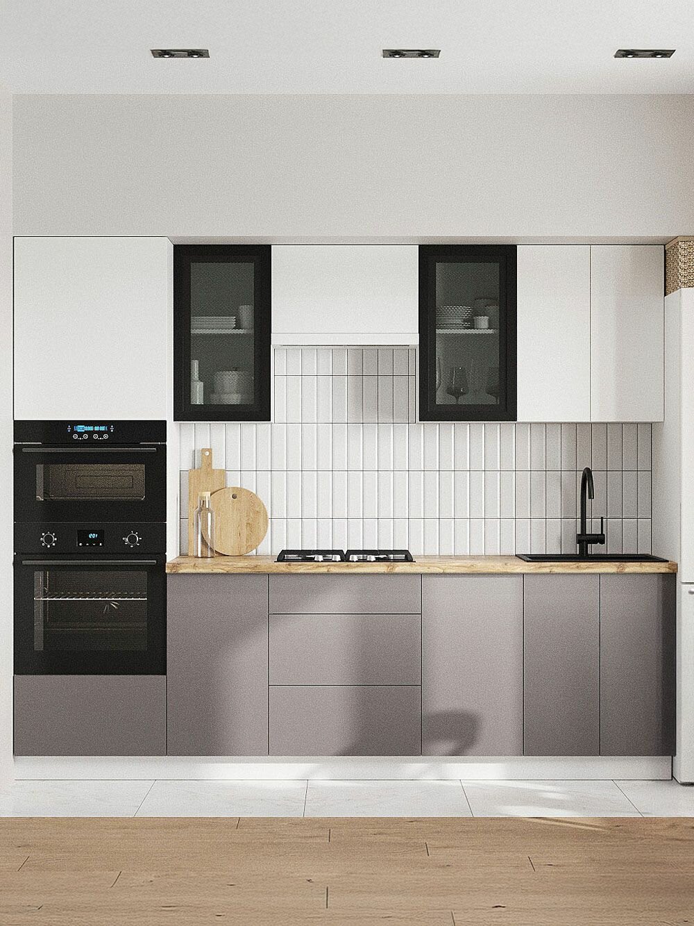 Кухонный гарнитур Тандем 2.6 м, мебель для дома и кухни, Белый / Черный матовый / Грей