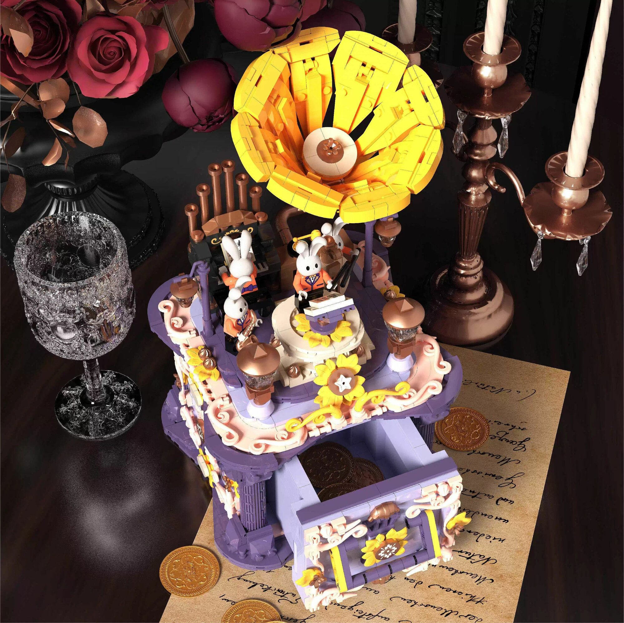 Фонограф "Филармония Чудес", ретро-фонограф, фантазия, строительные блоки, 1617 шт, модель кролика в виде мелких частиц, настольные украшения для сборки