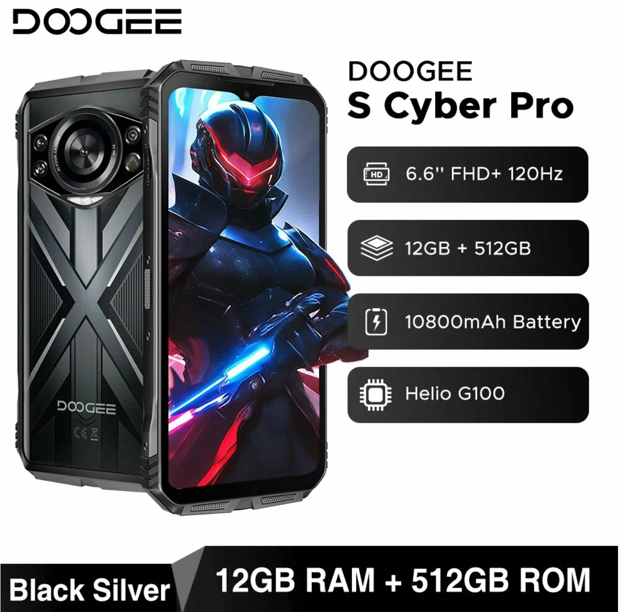 Защищенный смартфон Doogee S Cyber Pro Icy Silver,12/512 ГБ, 10800мАч,120Гц, Helio G100, Ночная камера, Гарантия год
