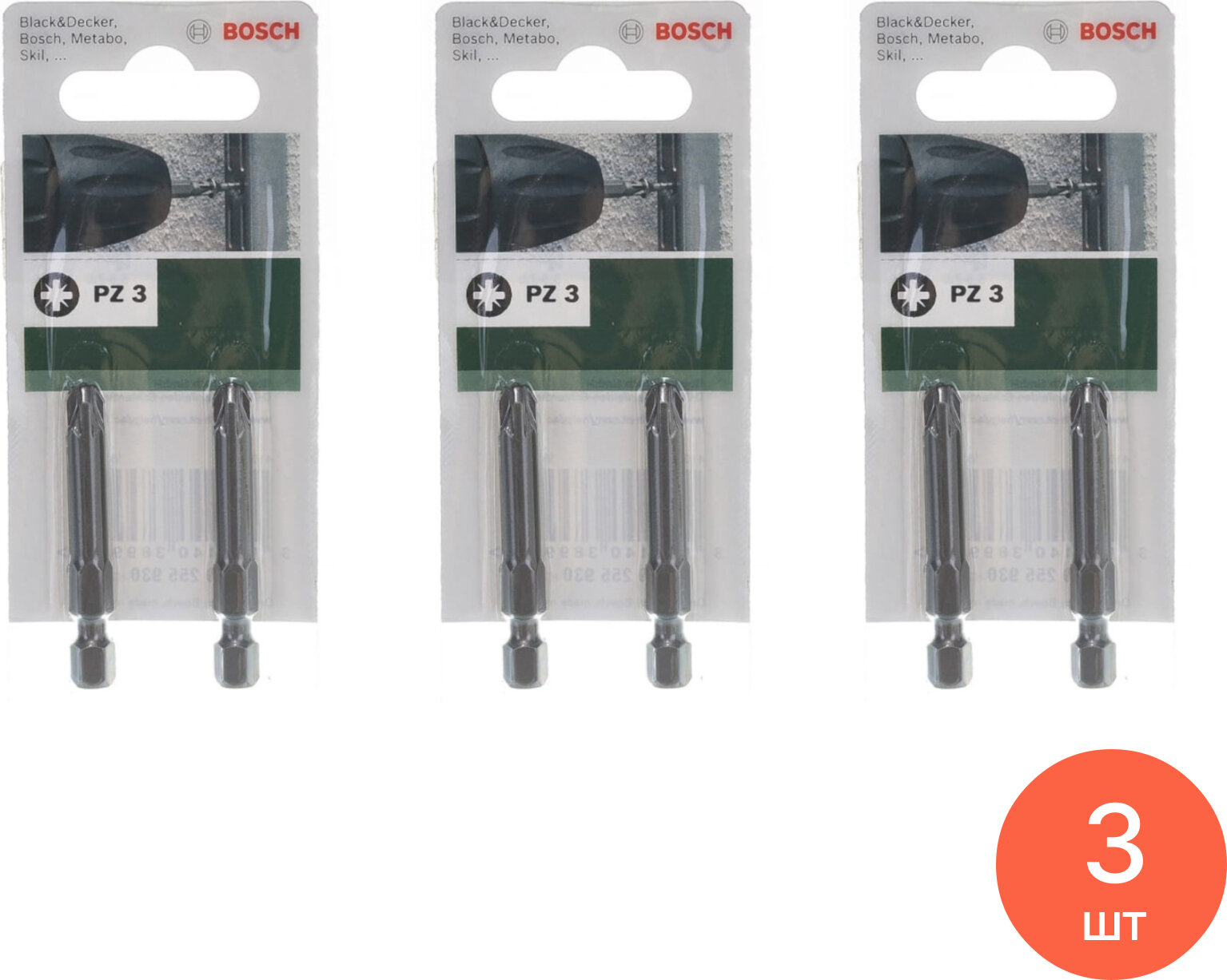 Набор бит для шуруповерта Bosch односторонние, из стали S2, наконечник PZ3, длина 49мм, в упаковке 2шт. / инструменты (комплект из 3 шт)
