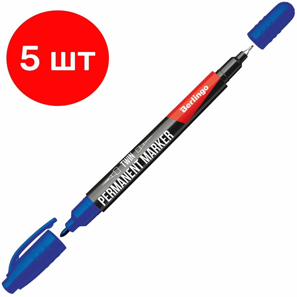 Маркер перманентный синий 5 штук, двухсторонний "Multiline PE55" пулевидный, 0,5/1мм
