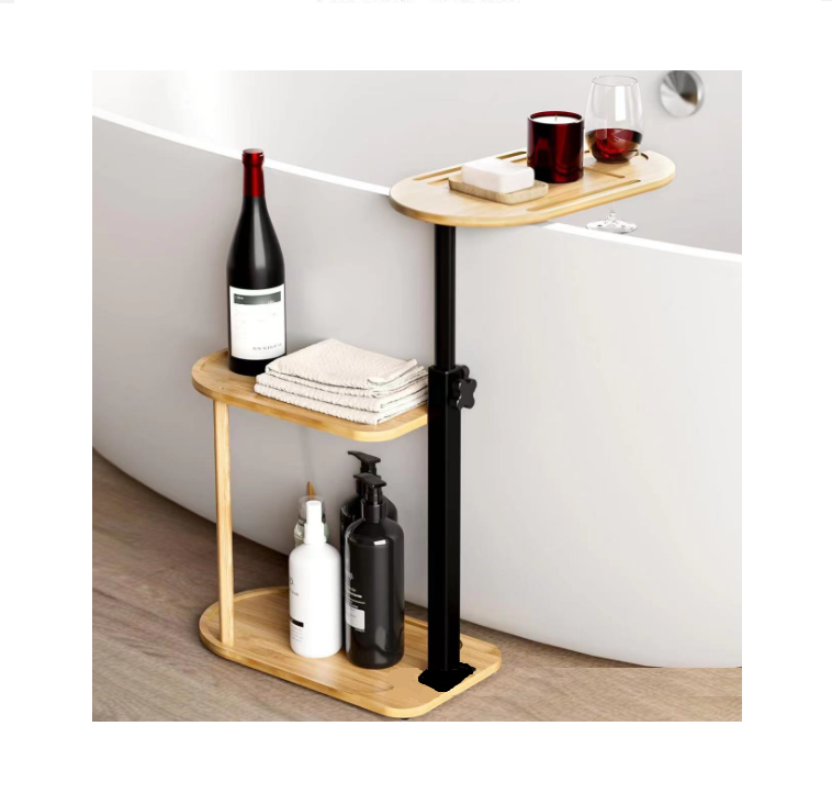 Полка-столик держатель для ванной комнаты 2в1 MyPads складной из дерева с регулируемой высотой и двумя полками, идеально подойдет для ноутбука, пла.