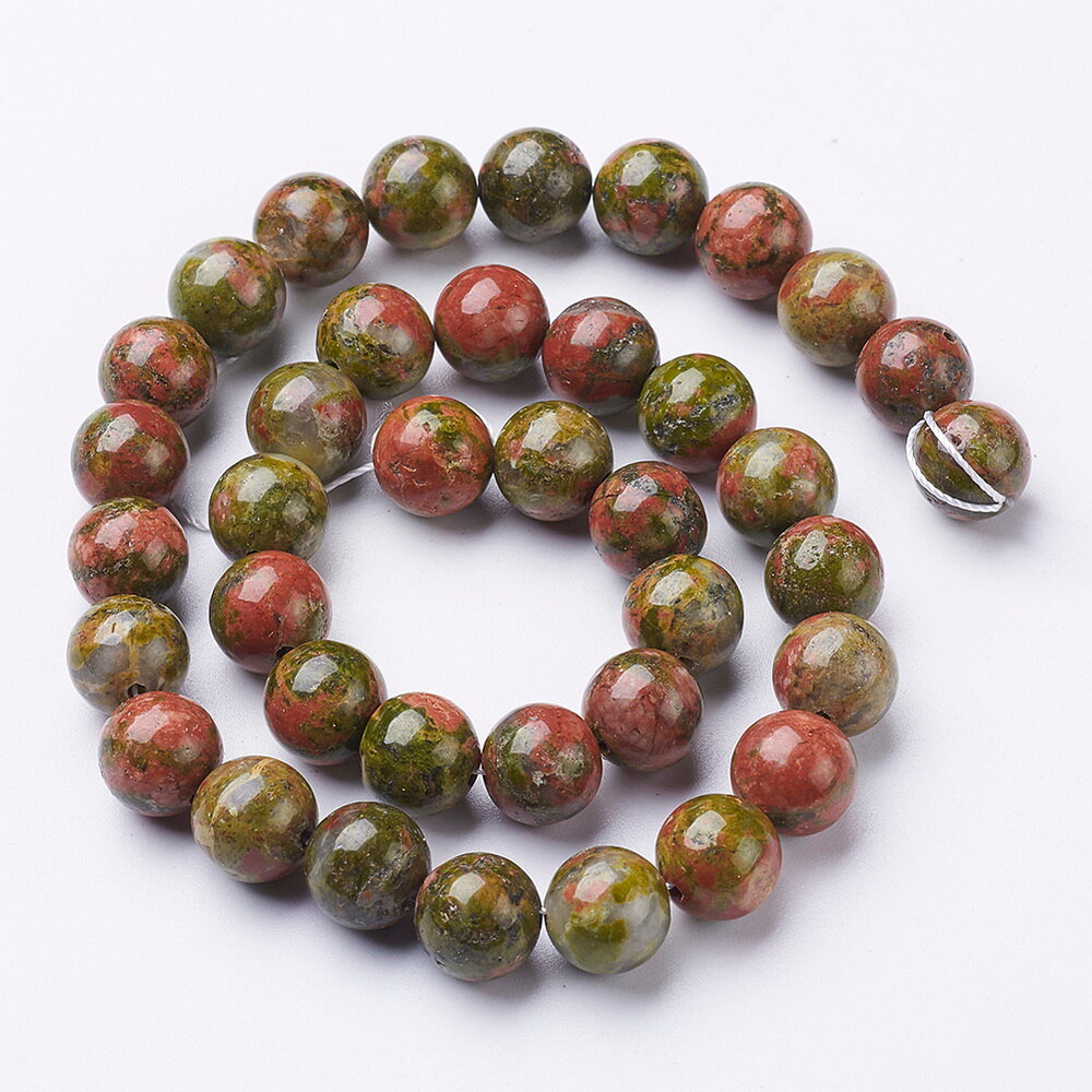 Бусины каменные, унакит, 10мм, 36 шт, низка