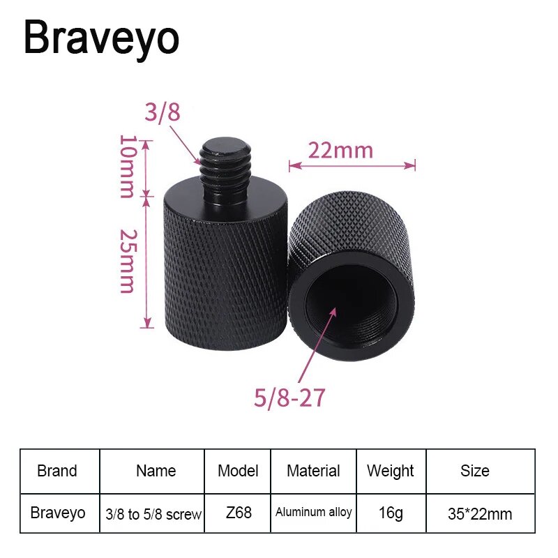 Адаптер переходник микрофонный Braveyo 5/8-27 на 1/4 3/8 Черный, Z68 1PC