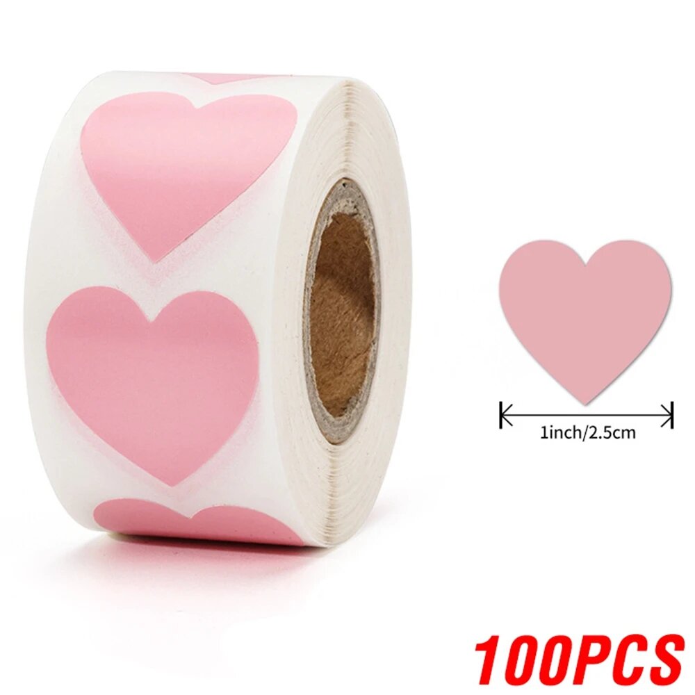 Наклейки сердечки розовые 1 дюйм (2.5 см), 100 шт