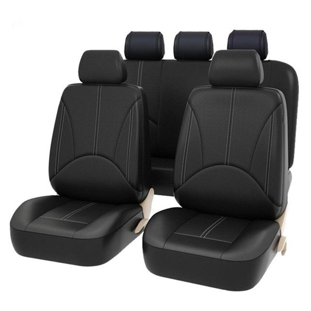 9Pcs Covers Front + Back Seat Black Scratch proof Four Seasons Bottoms PU Leather Protectors Compatible with 90% Vehicles Sedan SUV Truck Van MPV Material PU Leather Color Black 5 seat covers 28*26cm 2 front seats 118*56cm 1 back backrest 135*76cm 1