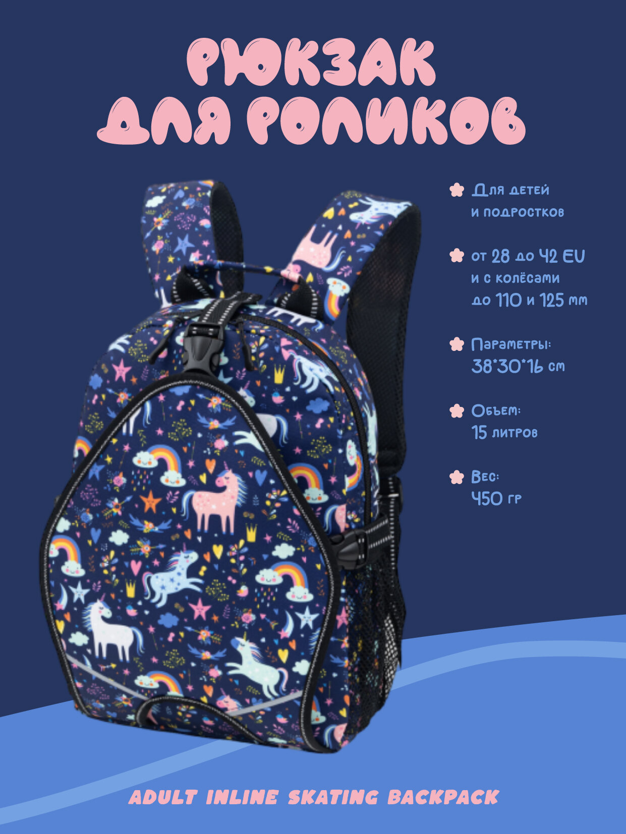Рюкзак для роликов "Asgard Junior Inline Skating Backpack", Единороги Синий