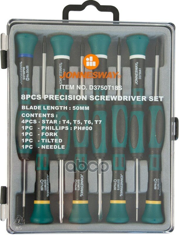 Набор отверток для точной механики TORX, 8 пр: Т4, Т5, Т6, Т7, PH0, L = 50мм, лопатка 50мм, игла 50мм, вилка 50мм, №48334 Jon.