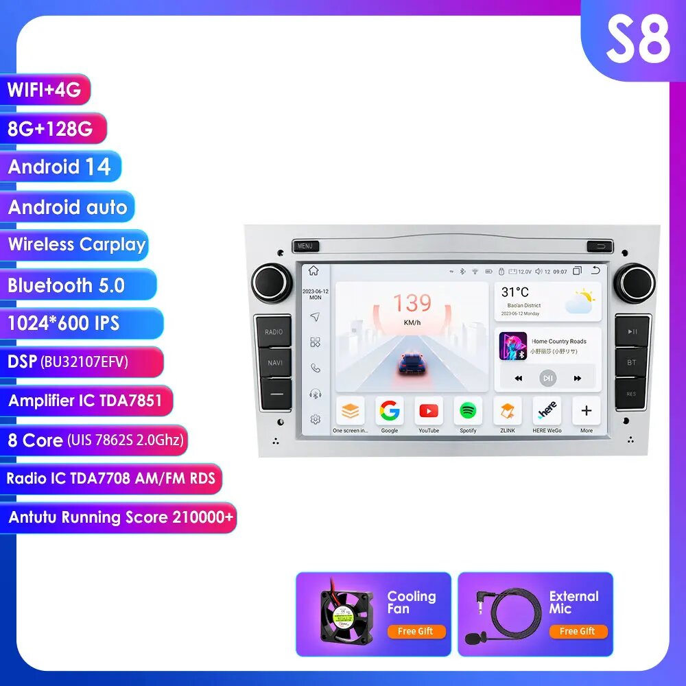 8 + 128G Carplay Android 14 2 Din Автомобильный радиоприемник Стерео GPS для Opel Astra H G J Antara Vectra C Zafira B Vivaro Meriva Vectra B BT RDS