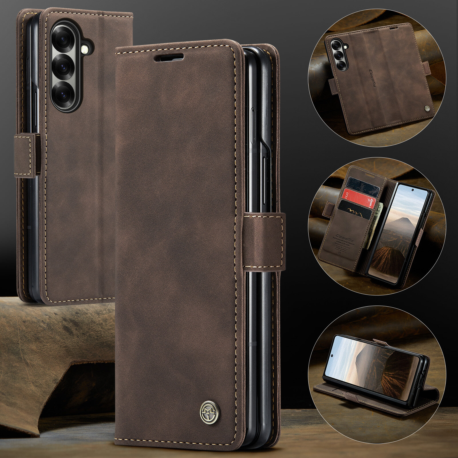 Чехол Для Samsung Galaxy Z Fold7 / Самсунг Галакси Z Fold7, soft touch, кобура, искусственная кожа, защита камеры, ударопрочный, усиленные углы, Samsung, Samsung Galaxy Z Fold7, coffee