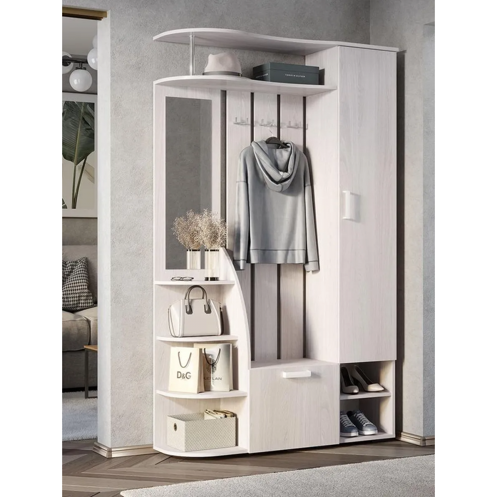 Прихожая комплект Анора с полками, с вешалкой, с зеркалом, 120.2х35.2х202 см, Белый ясень
