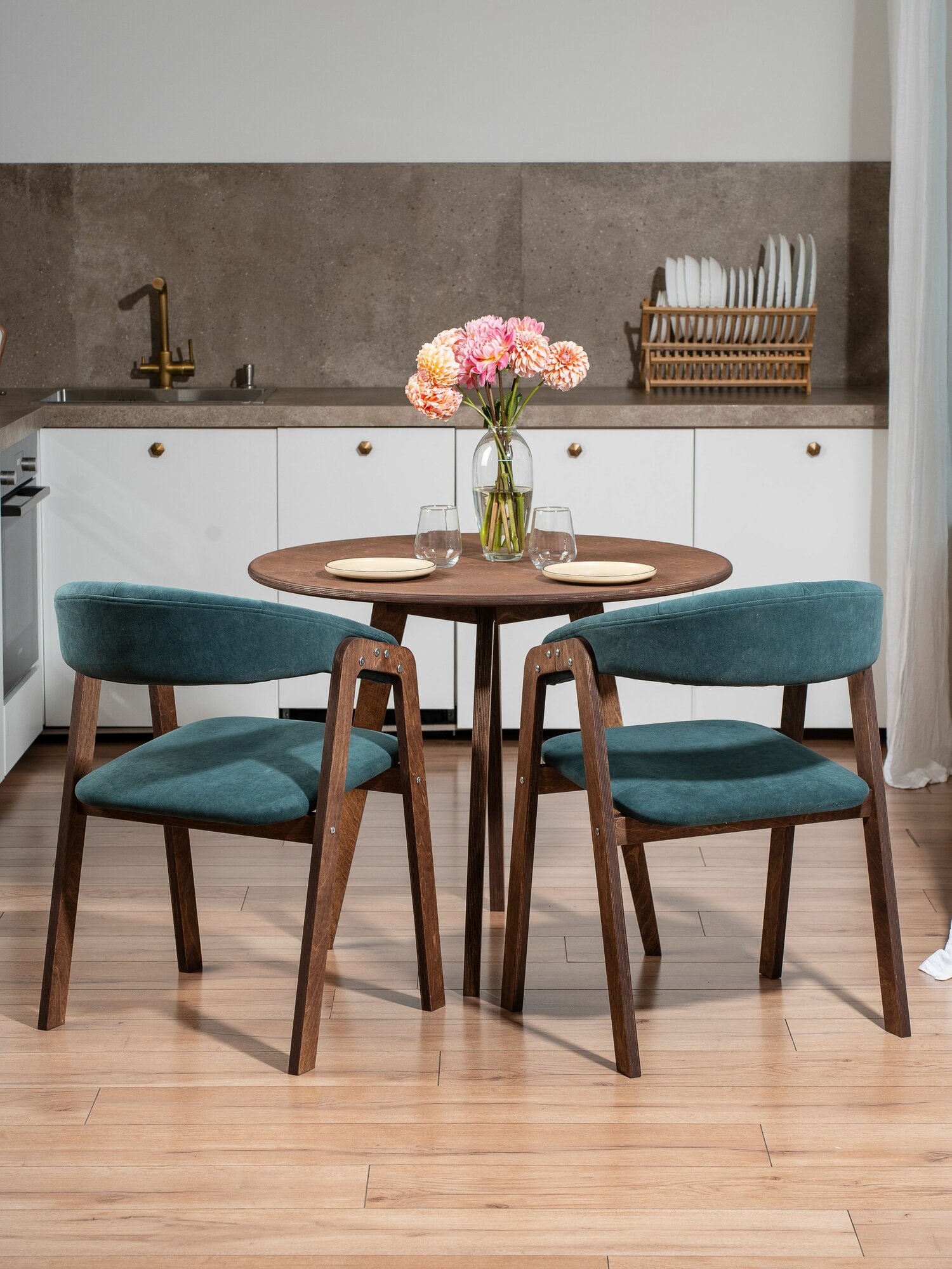 Стулья для кухни 2 шт комплект деревянные мягкие со спинкой кресла для обеденной зоны, антивандальный велюр, Зеленый