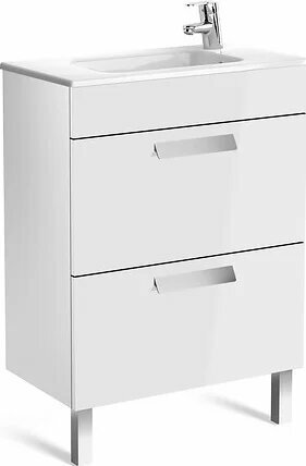 Тумба с раковиной Roca Debba 60 подвесная, 60, 5 см, белая, глянцевая, из МДФ, с ящиками, раковина для ванной, фарфоровая, прямоугольная, встроенный слив-перелив, с сифоном