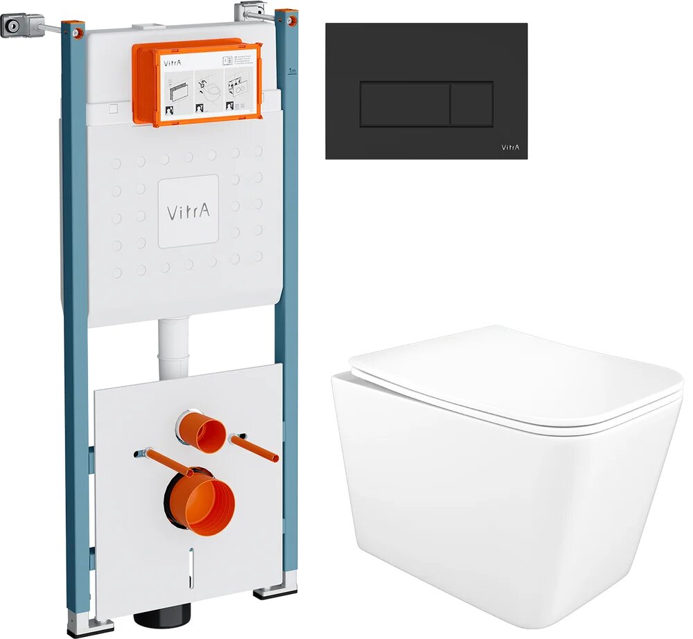 Комплект 3 в 1 Унитаз подвесной STWORKI Молде S23401WH безободковый, с микролифтом, антивсплеск / Инсталляция VitrA V-Fix Core 732-5800-01PV / Кнопка Root Square 740-2311 цвет матовый черный