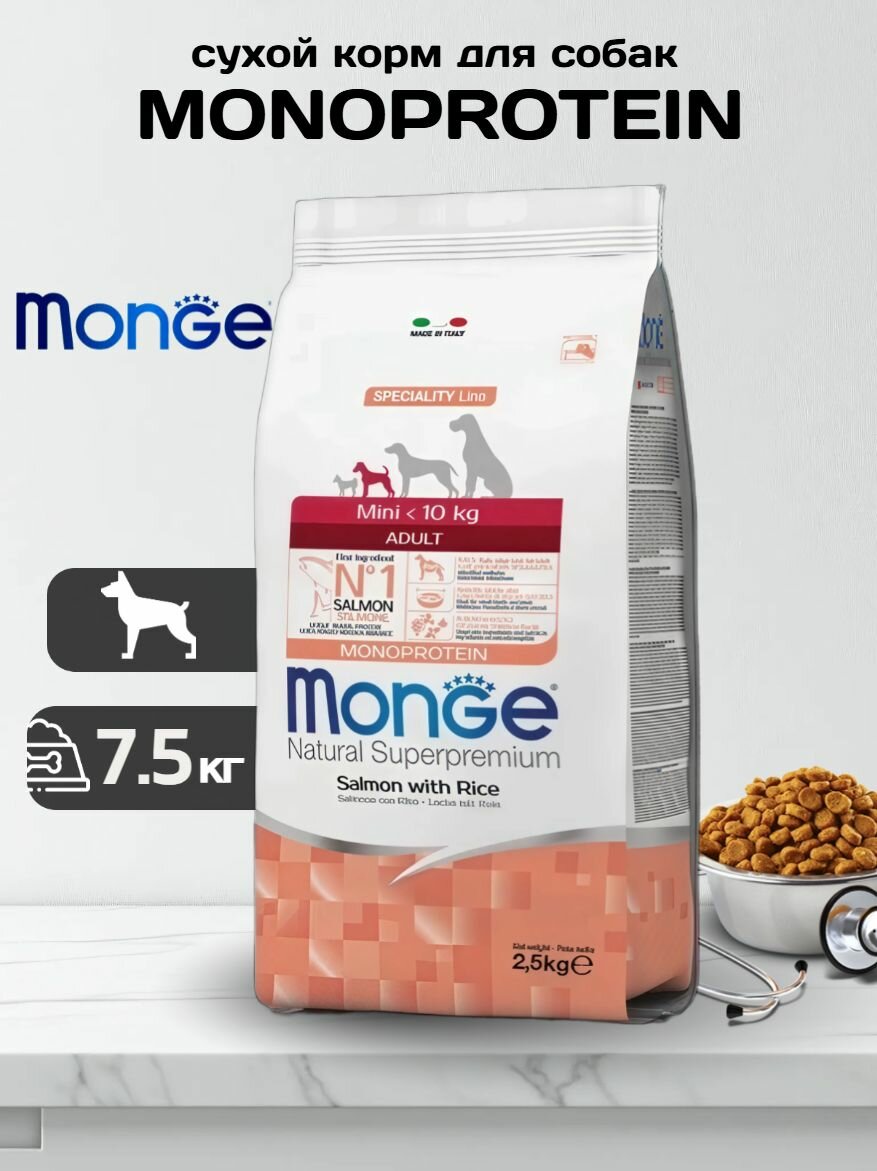 Сухой корм для собак мелких пород Monge Монж Dog Speciality Adult Mini (Лосось, рис) - 7,5 кг