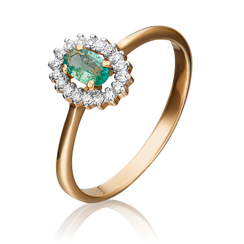 Кольцо, красное золото, 585 проба, изумруд, бриллиант