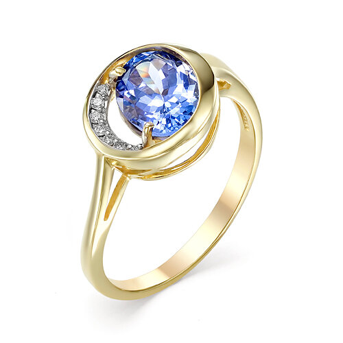 Кольцо, желтое золото, 585 проба, бриллиант, танзанит