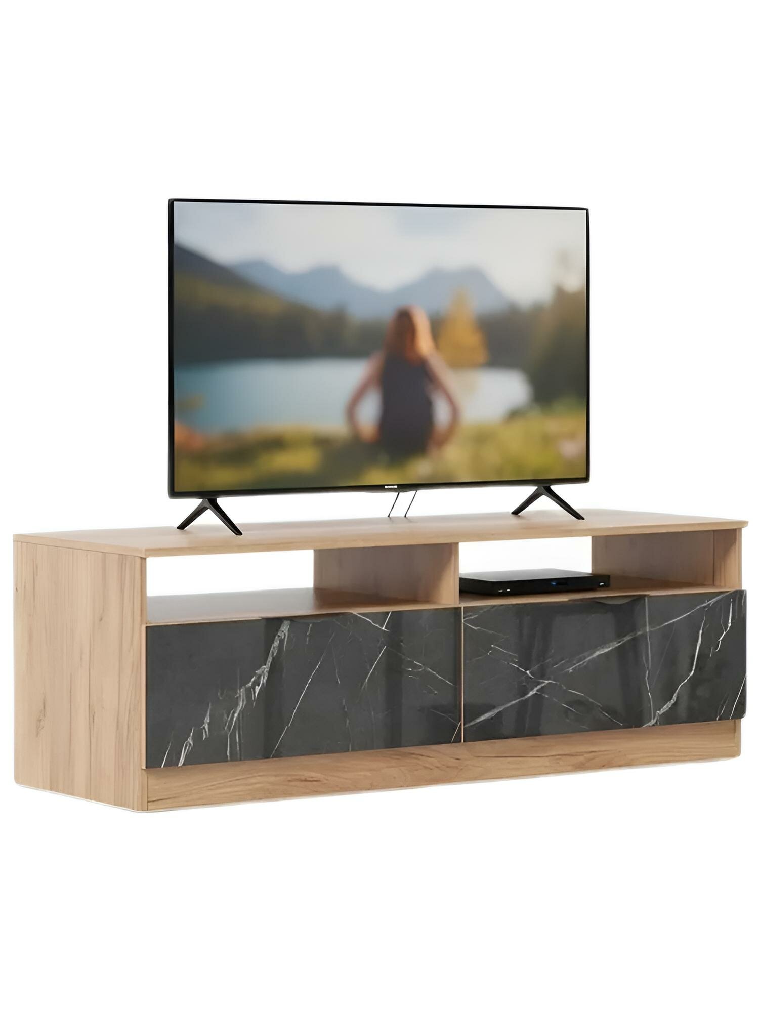 Тумба под телевизор напольная Аравия-Шелли, 140х53х47.8 см, 2 ящика, 2 полки, Дуб золотой/Камень Пьетра чёрный, глянец