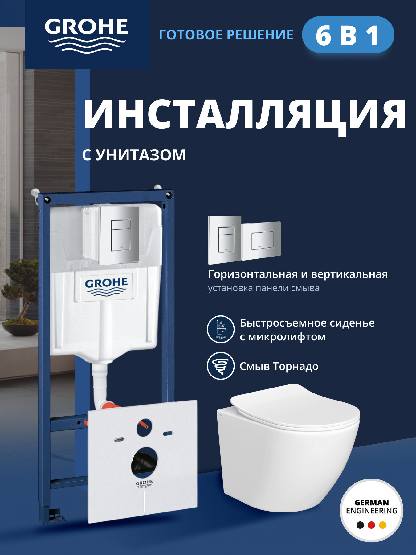 Комплект инсталляции GROHE Rapid SL с унитазом AQUAme AQM2002PRO и сиденьем с микролифтом, смыв Торнадо (NW0168)
