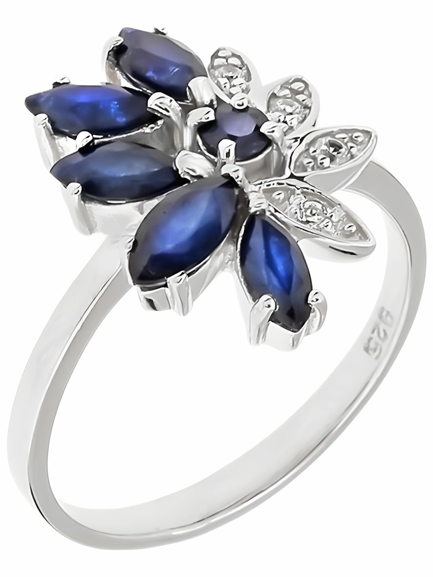 Кольцо тонкое, серебро, 925 проба, родирование, фианит, сапфир