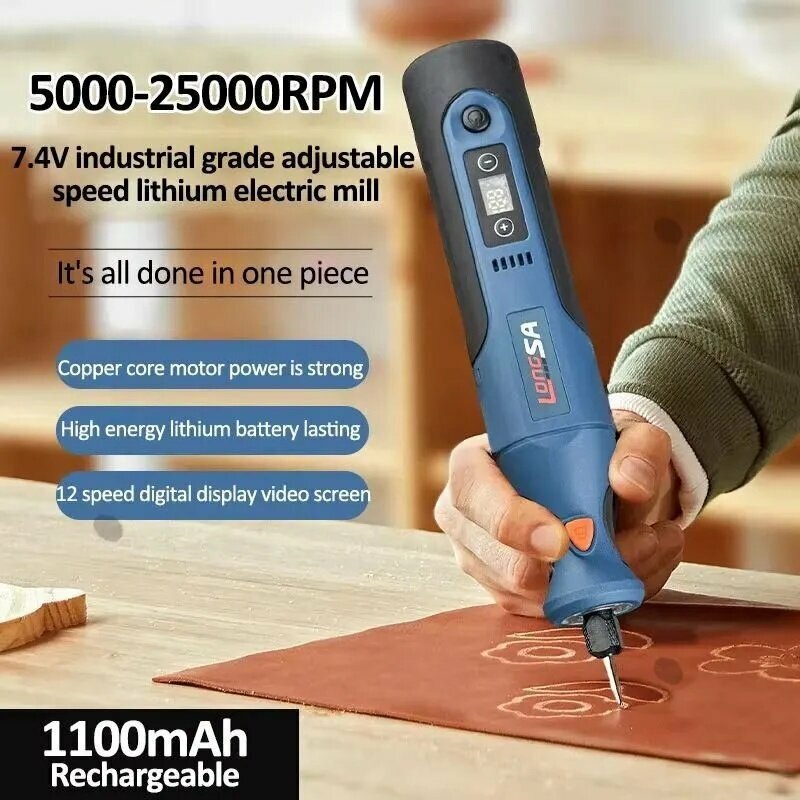 Беспроводная мини-дрель с регулируемой скоростью 5000-25000 об/мин, аккумуляторная граверная машинка DC 7.4V для дерева, металла и пластика