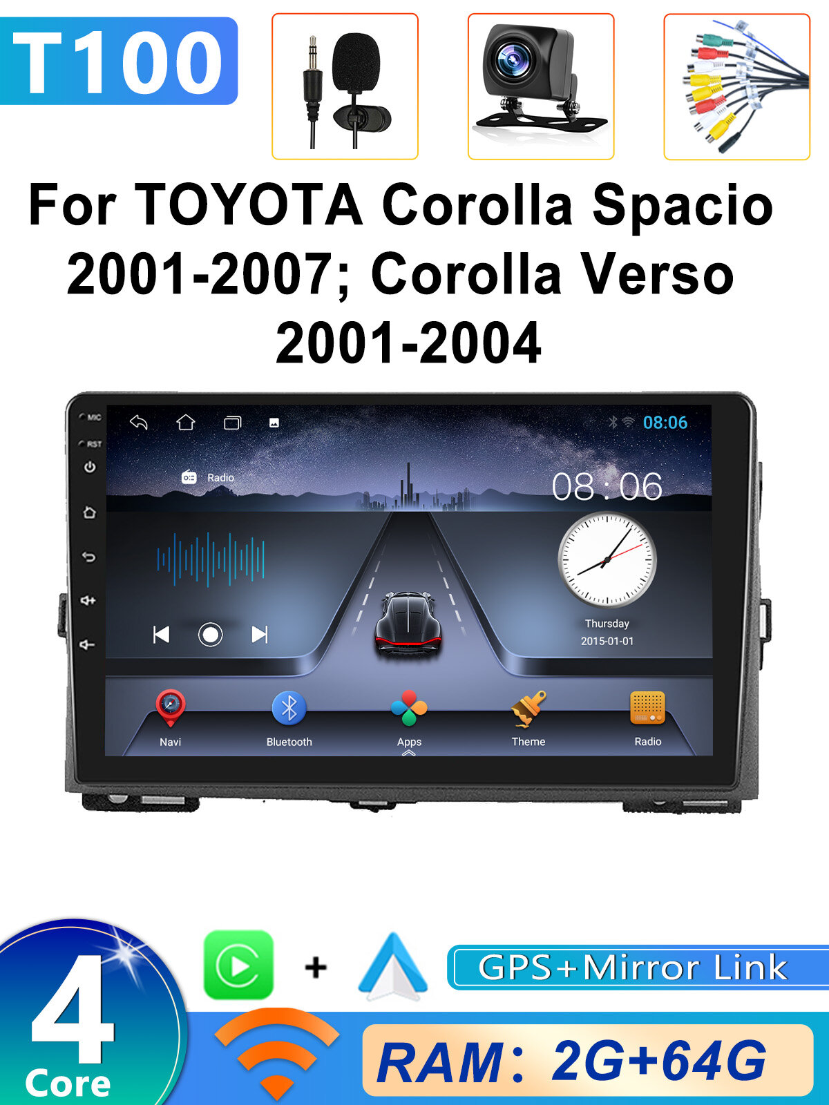 Автомагнитола Android подходит для TOYOTA Corolla Verso Spacio 2001-2007, Bluetooth Wi-Fi Сенсорные кнопки , Серебристый CARPLAY IPS