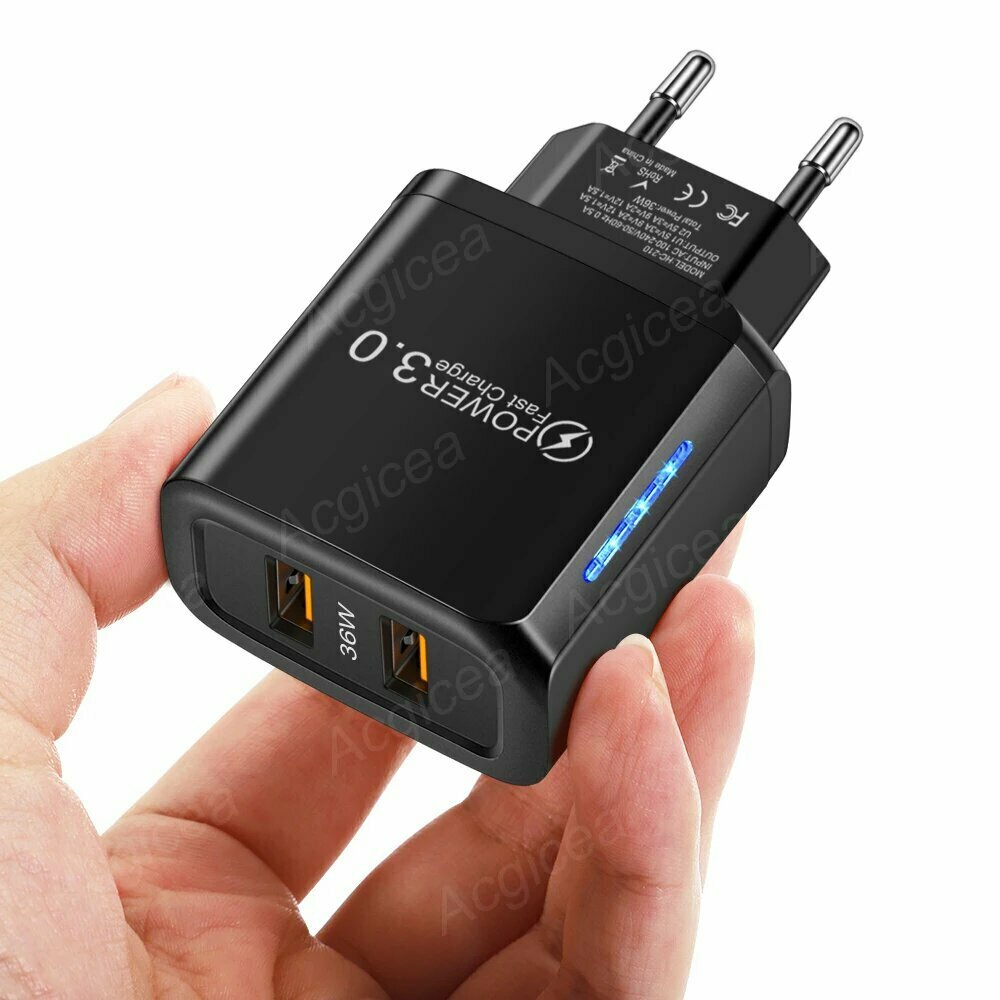 Зарядное устройство с двумя USB-портами и поддержкой быстрой зарядки, 36 Вт, Black EU