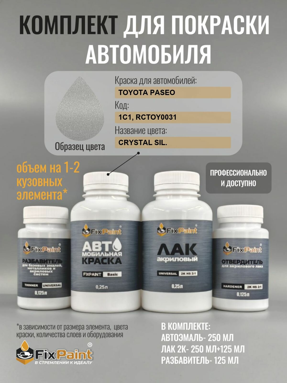 Комплект для покраски TOYOTA PASEO, код 1C1, RCTOY0031, CRYSTAL SIL , базовая автомобильная краска 250 мл, лак 2K 250 мл с отвердителем, разбавитель 125 мл, FixPaint Pro