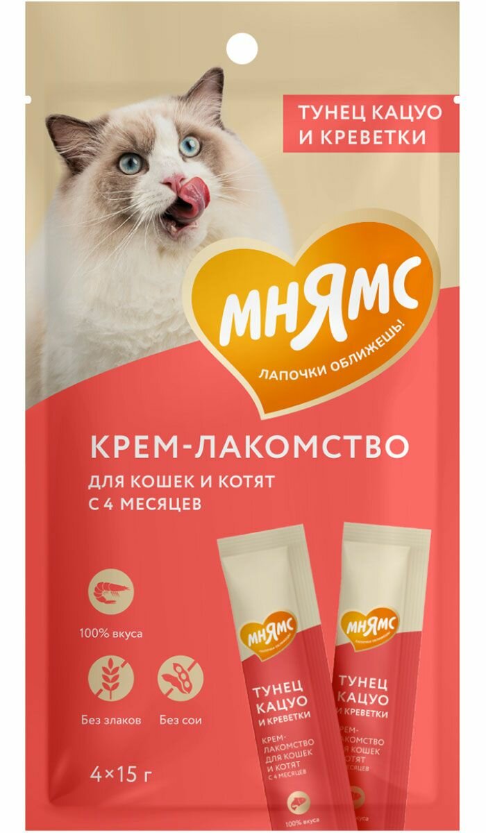 Лакомство Мнямс для кошек крем с тунцом Кацуо и креветками, 60 гр