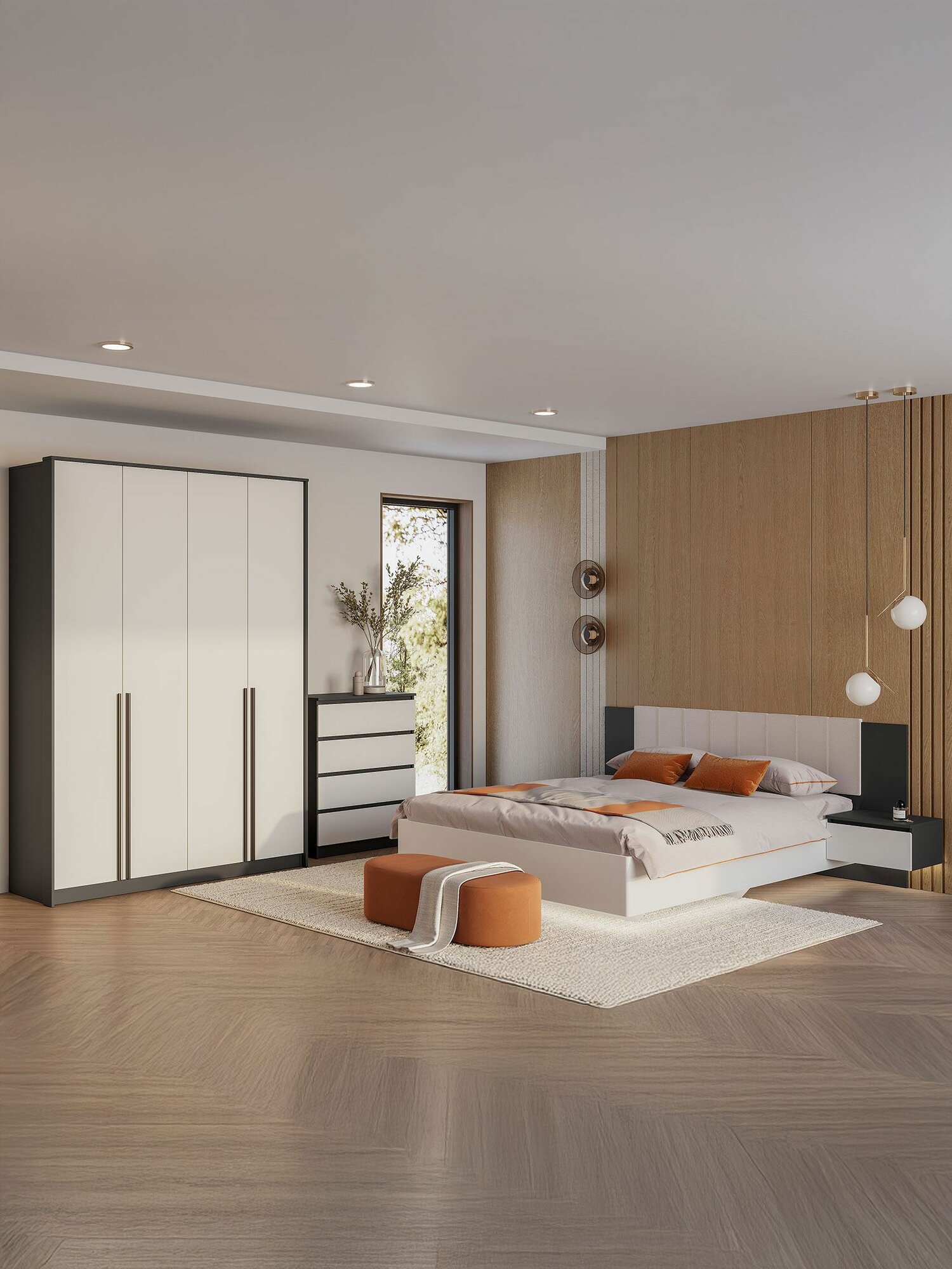 Спальный гарнитур, комплект Нуар с кроватью, со шкафом, с комодом, Белый / Графит / Белый, букле