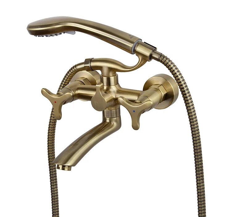 Смеситель для ванны с душем Kaiser Trio 57122-1 с душевым гарнитуром, настенный, с поворотным изливом, бронзовый, глянцевый, латунный