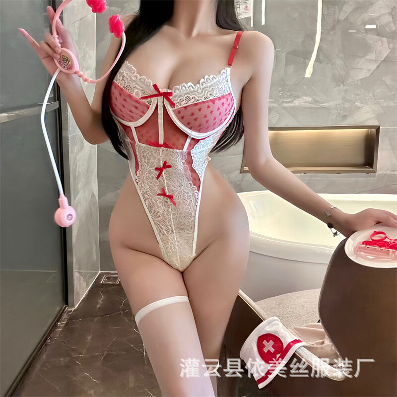 Сексуальное нижнее белье, униформа медсестры, кружевной бант в форме сердца, прозрачный боди, комплект 9276