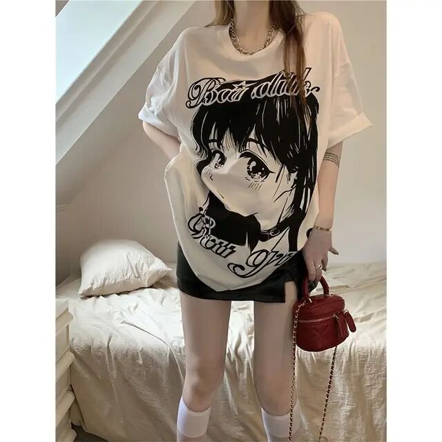 Y2k аниме Harajuku Свободные футболки женские летние с коротким рукавом хлопковые белые футболки в японском стиле модный универсальный топ Женская одежда